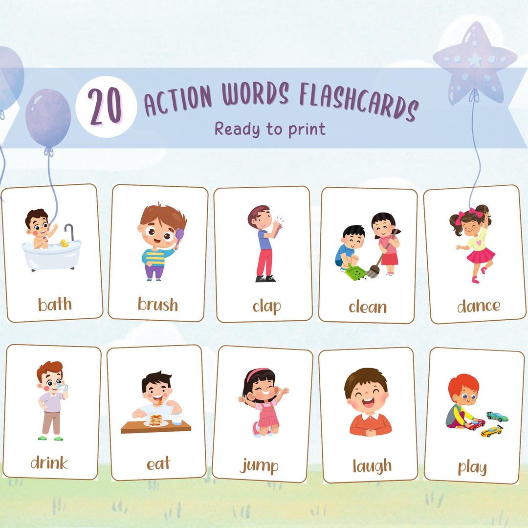 Action Words Flashcards, Montessori Learning for Toddlers, Printable ...