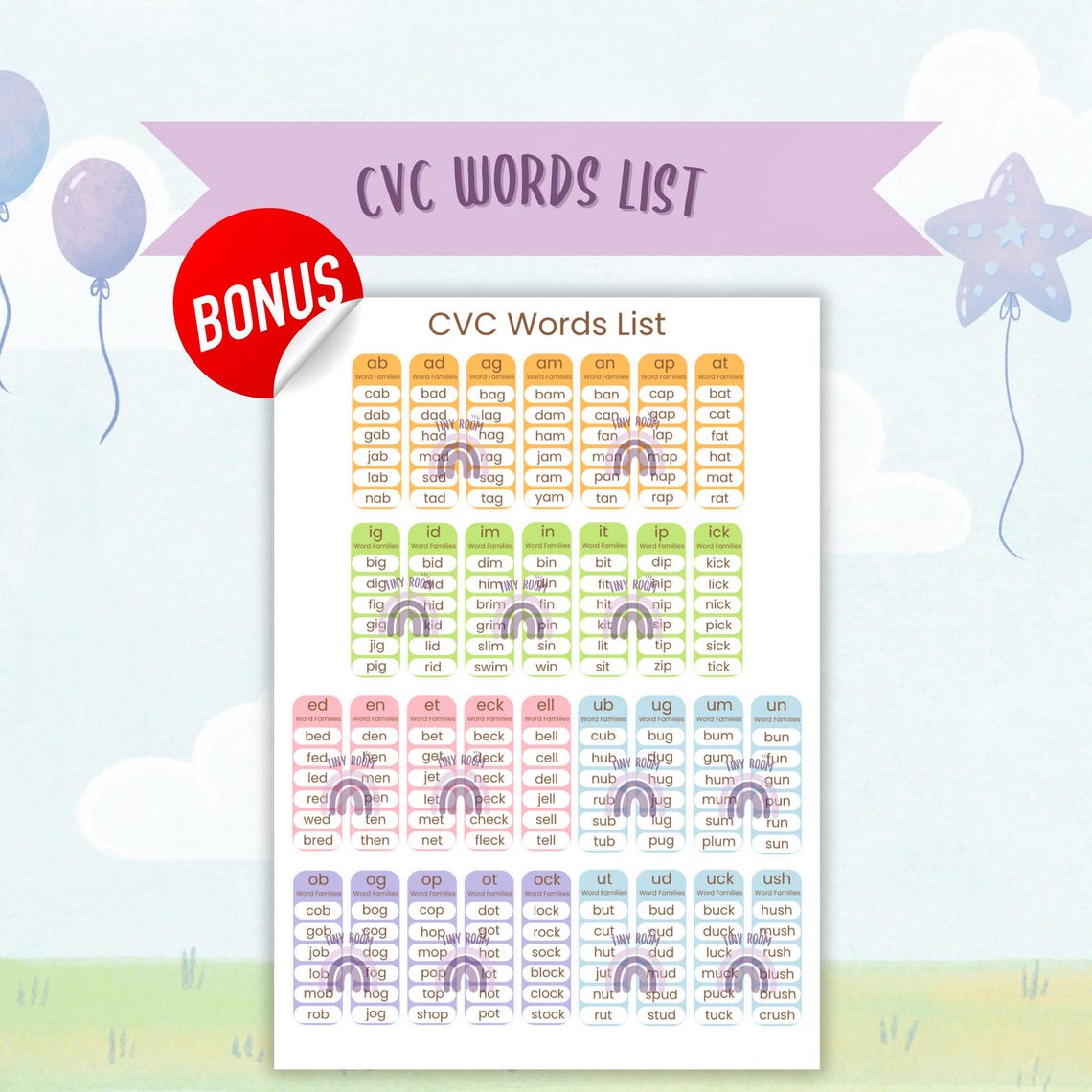 CVC Words List for Kindergarten, Phonics Word Families, Printable ...