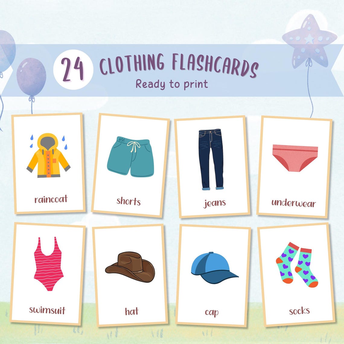 Clothing Flash Cards, Montessori Cards, Vocabulary Learning, Preschool ...