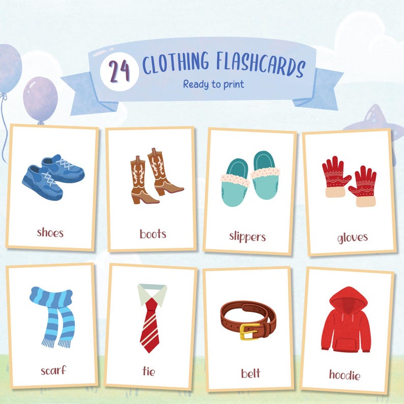 Clothing Flash Cards, Montessori Cards, Vocabulary Learning, Preschool ...