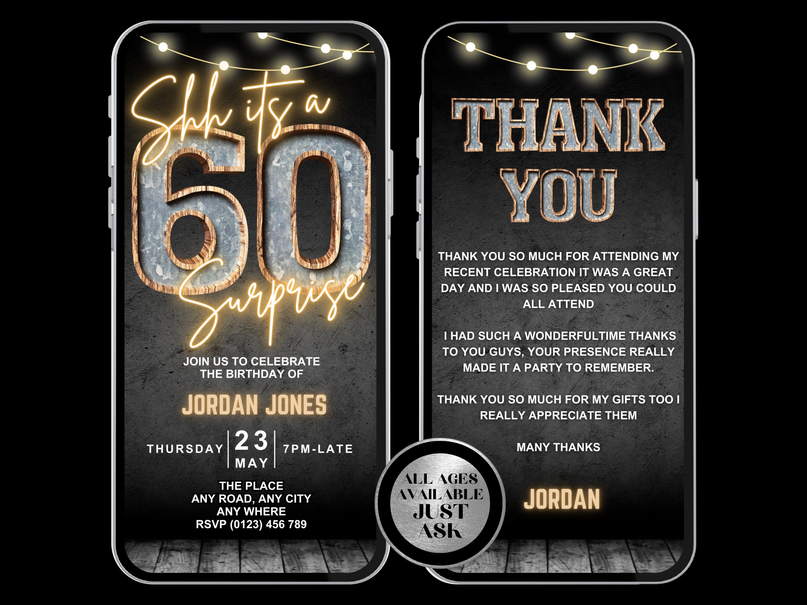 Mens 60th Surprise Birthday Invitation, Animated 60th Surprise Party ...