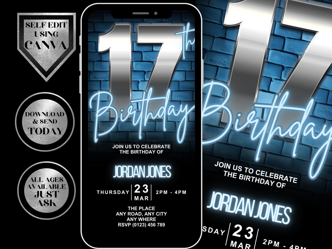 Boys 17th Birthday Digital Invitation, Modern Neon 17th Party Invite ...