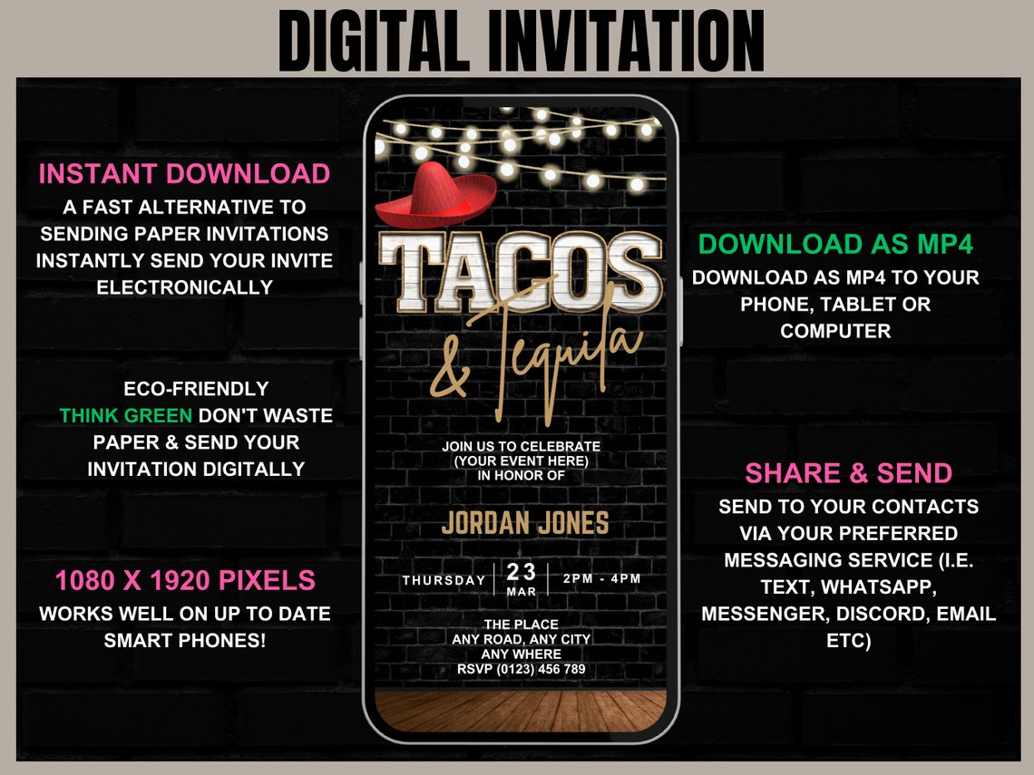 Tacos and Tequila Invite, Tacos and Tequila Dinner Party Digital Invite ...