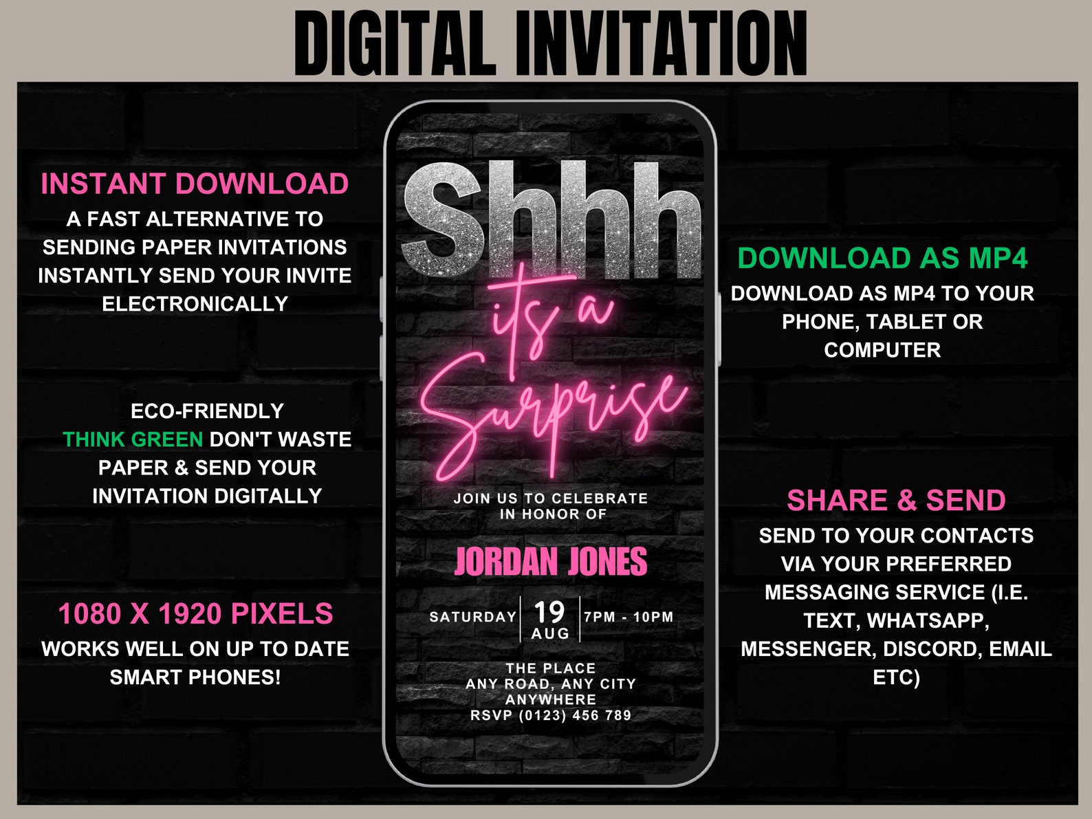 Womens Surprise Birthday Invitation, Surprise Party Digital Invite, Shh ...