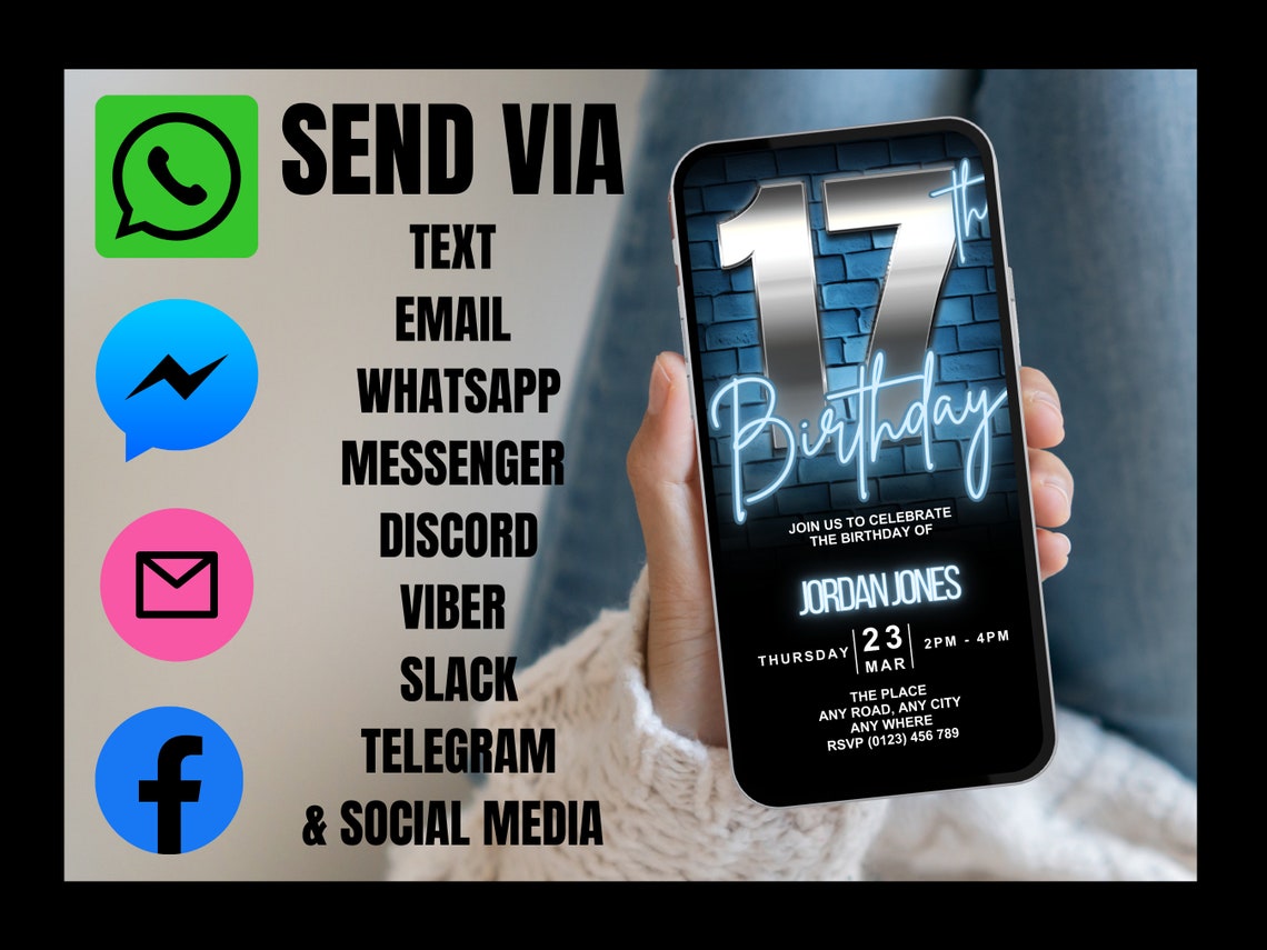 Boys 17th Birthday Digital Invitation, Modern Neon 17th Party Invite ...