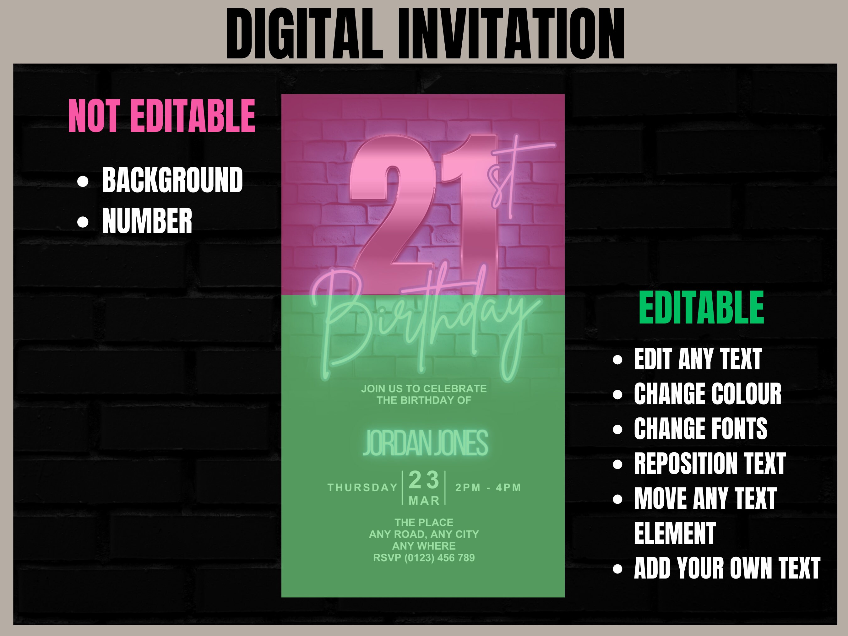 Mens 21st Birthday Digital Invitation, Modern Neon 21st Party Invite ...