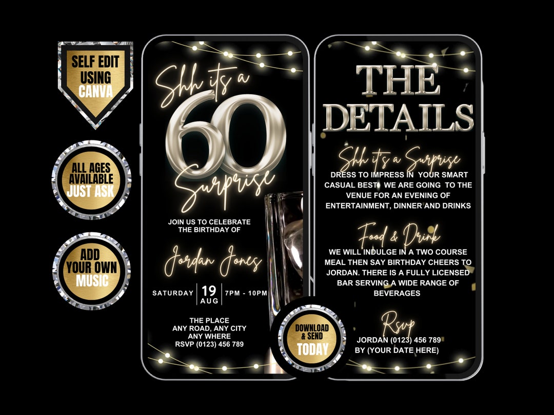 Mens 60th Surprise Birthday Invitation, Contemporary 60th Surprise ...