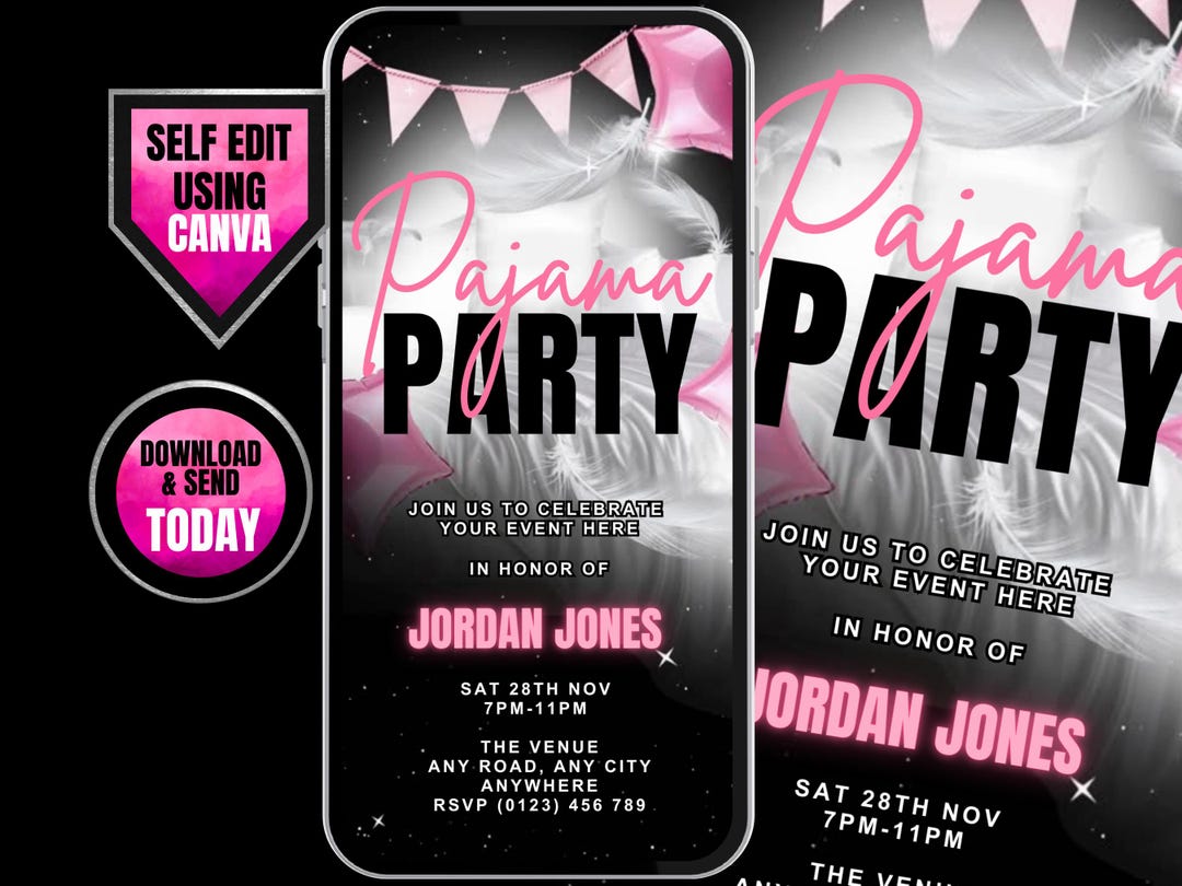 Animated Girls Pajama Party Birthday Invitation, Blush Pink Slumber ...