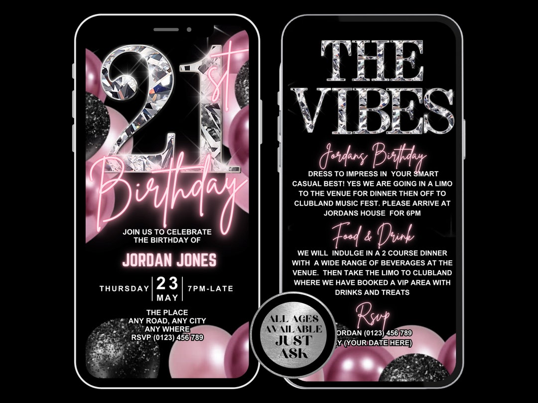 Girls 21st Birthday Digital Invitation 21 Year Old Party, Animated Pink ...