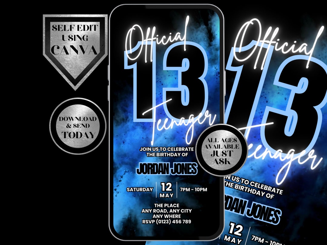 Digital 13th Birthday Invitation for Boys, 13th Official Teenager ...