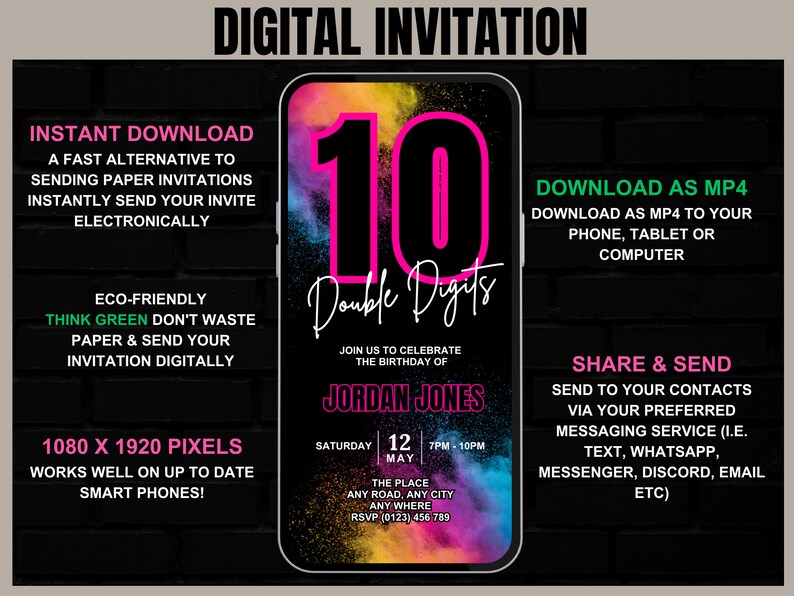 Animated Girls 10th Birthday Invitation, Pink 10 Year Old Girls Party ...