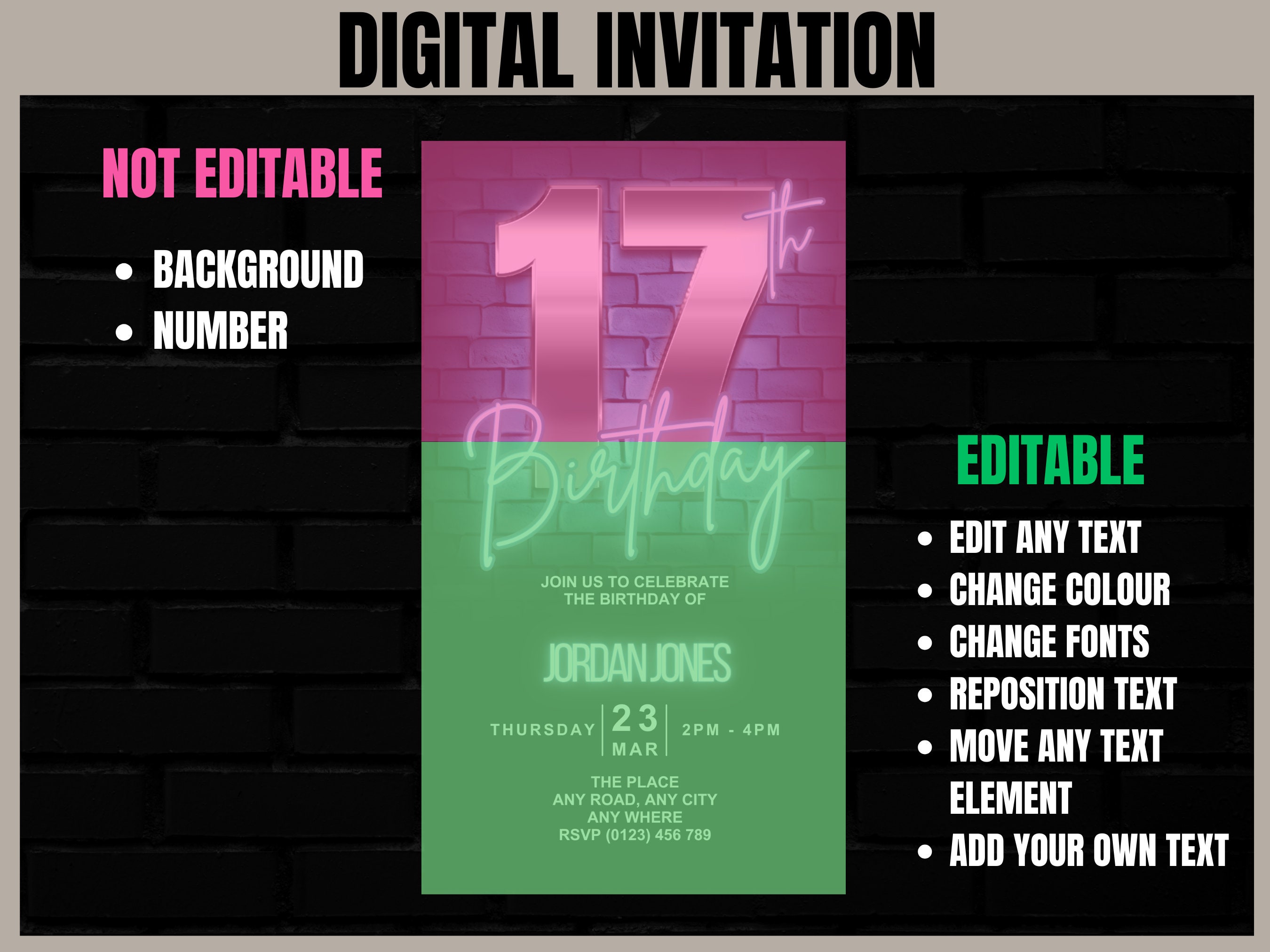 Boys 17th Birthday Digital Invitation, Modern Neon 17th Party Invite ...