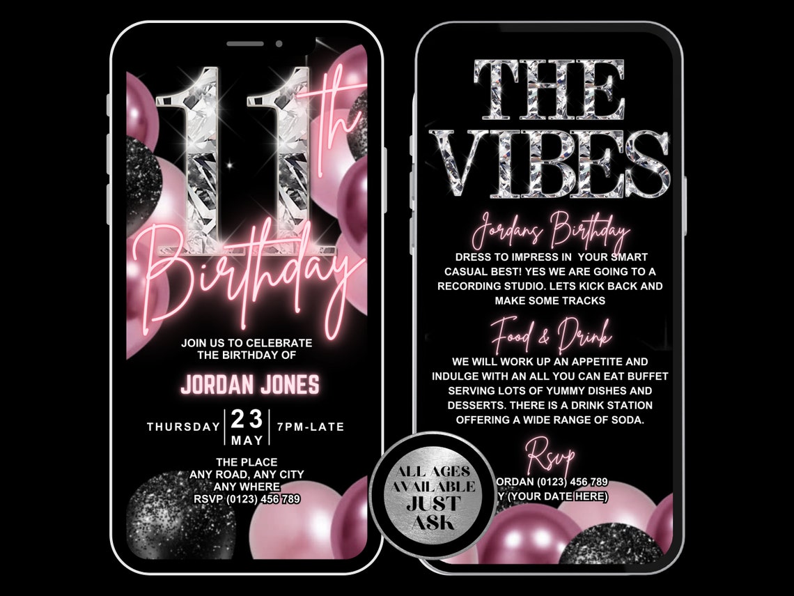Girls 11th Birthday Invitation, 11 Year Old Party Digital Invite ...