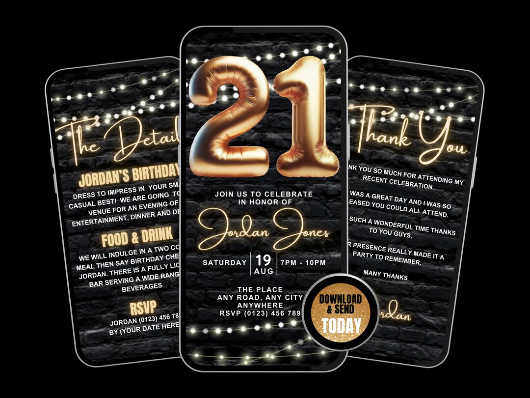 Gold 21st Birthday Digital Invitation for Men, Boys 21st Birthday Party ...