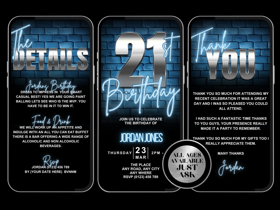 Mens 21st Birthday Digital Invitation, Modern Neon 21st Party Invite ...