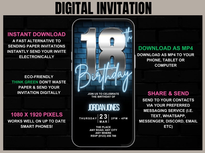 Boys 18th Birthday Digital Invitation, Modern Neon 18th Party Invite, Animated 18th Invitation ...