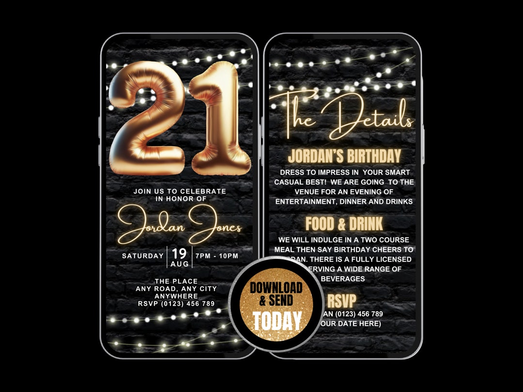 Gold 21st Birthday Digital Invitation for Men, Boys 21st Birthday Party ...