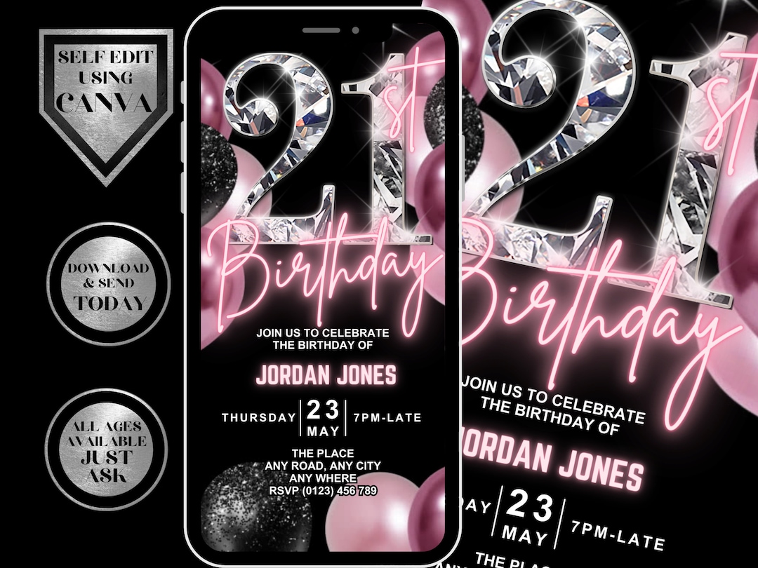 Girls 21st Birthday Digital Invitation 21 Year Old Party, Animated Pink ...