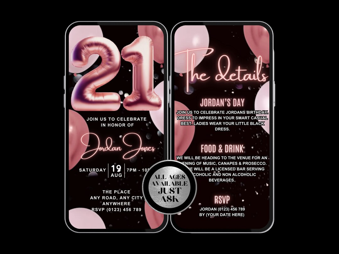 Rose Gold 21st Birthday Digital Invitation, Girls 21st Birthday Video ...