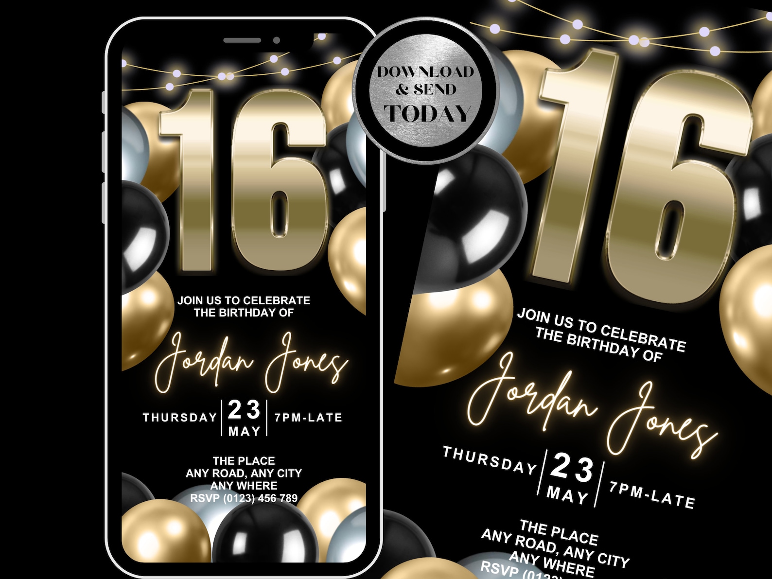 16th Birthday Invitation for Boys, 16th Surprise Party, Gold Bday ...