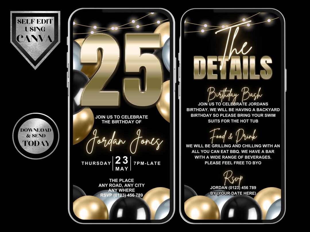 Animated 25th Birthday Invitation for Men, 25th Surprise Party, Silver ...