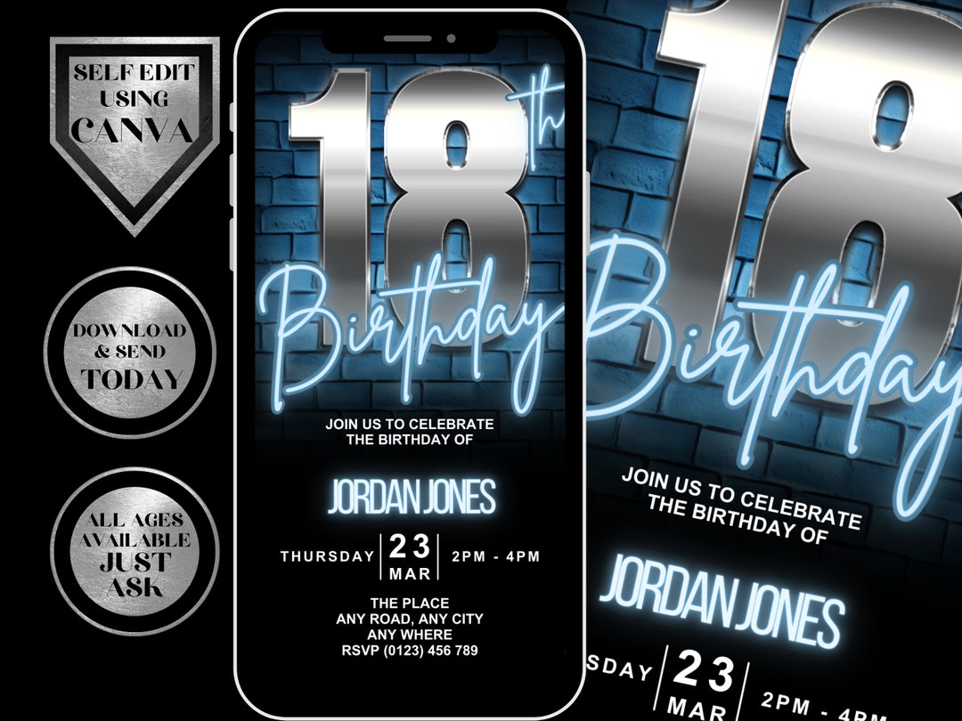 Boys 18th Birthday Digital Invitation, Modern Neon 18th Party Invite ...