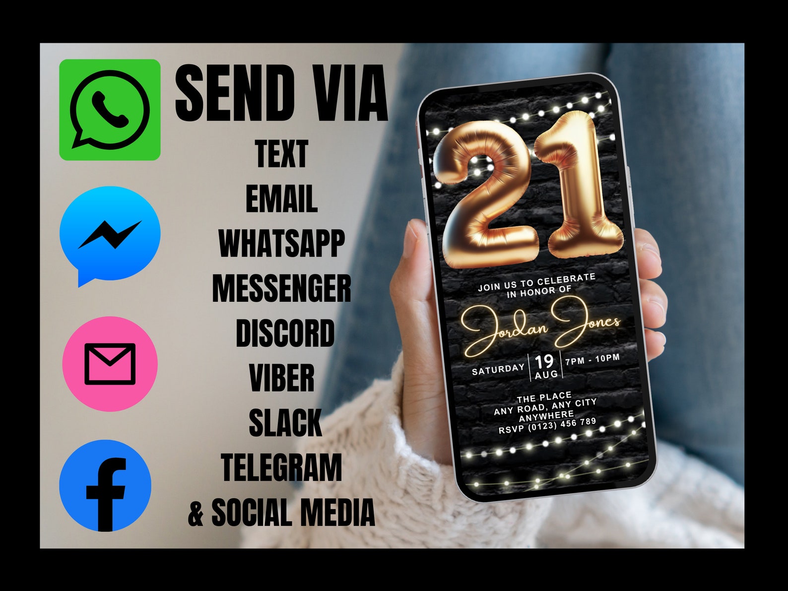 Gold 21st Birthday Digital Invitation for Men, Boys 21st Birthday Party ...