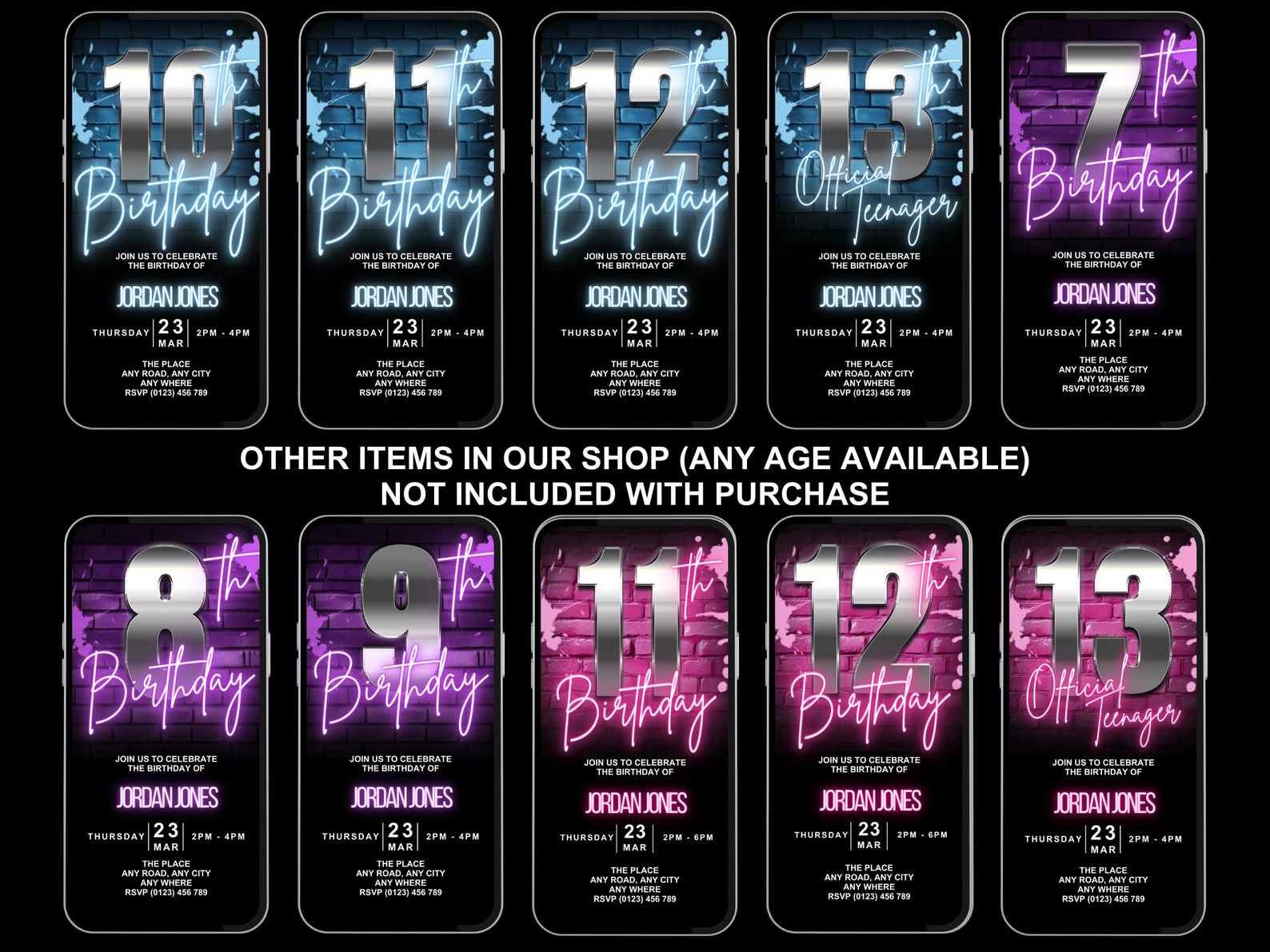 Animated Girls 12th Birthday Invite, Neon Pink 12 Year Old Girls Party ...