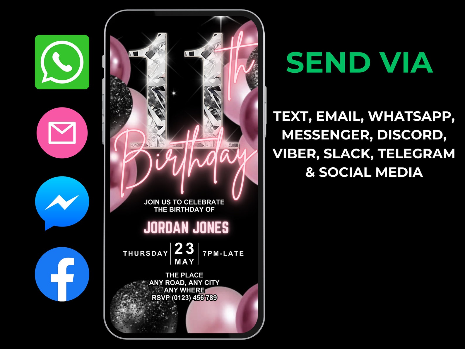 Girls 11th Birthday Invitation, 11 Year Old Party Digital Invite ...