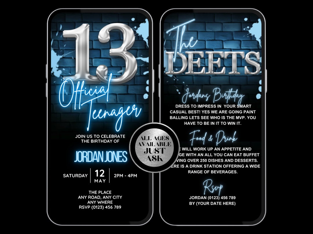 Boys 13th Birthday Official Teenager Animated Invitation, Neon Blue ...