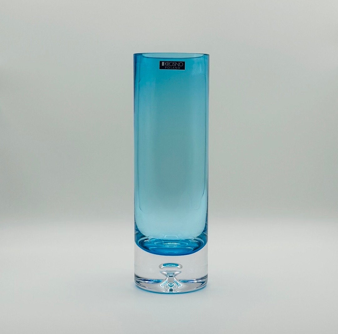 Aqua Blue Krosno Cylindrical Vase With Captured Bubble in the Base - Made in Poland - Etsy
