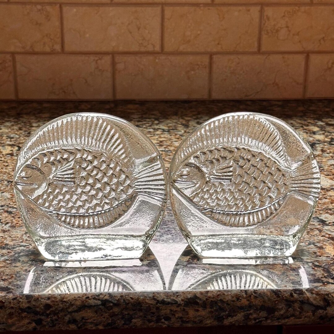 Pilgrim Glass - Crystal Glass Embossed Fish Bookends - Etsy