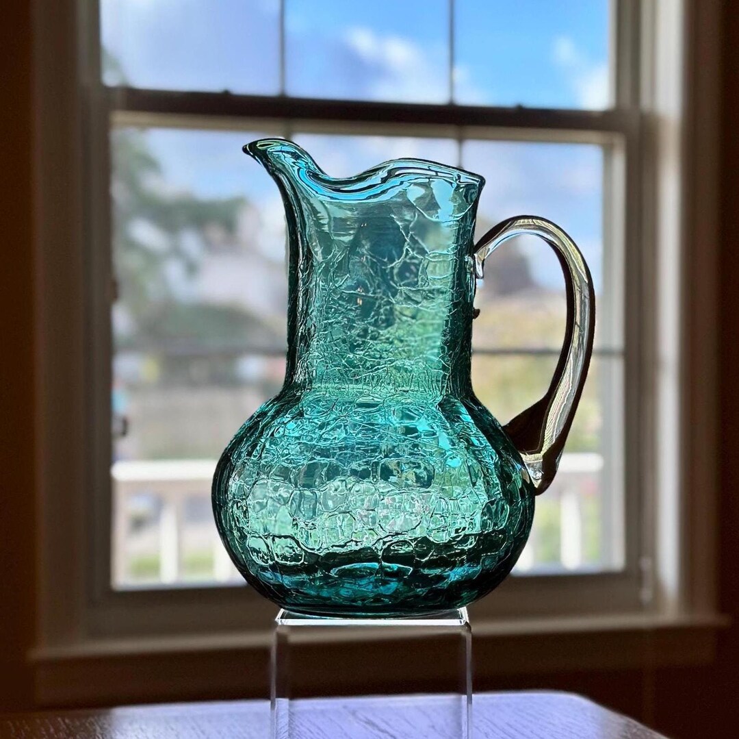 Bischoff #324 Peacock Blue Crackle Glass Pitcher - Etsy