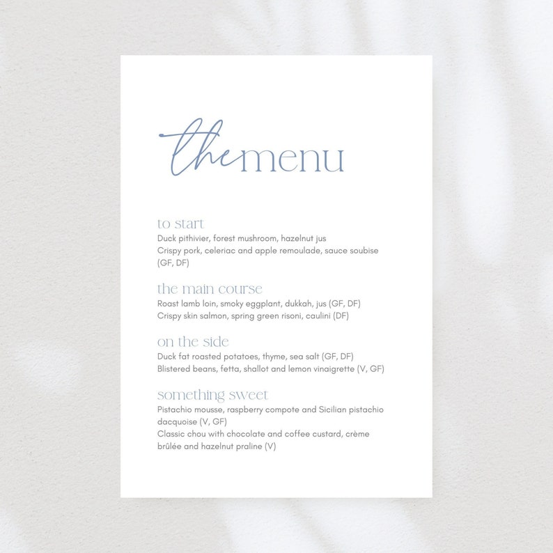 Dusky Blue Dinner Menu Template | Wedding Menu | Printable A5 ...