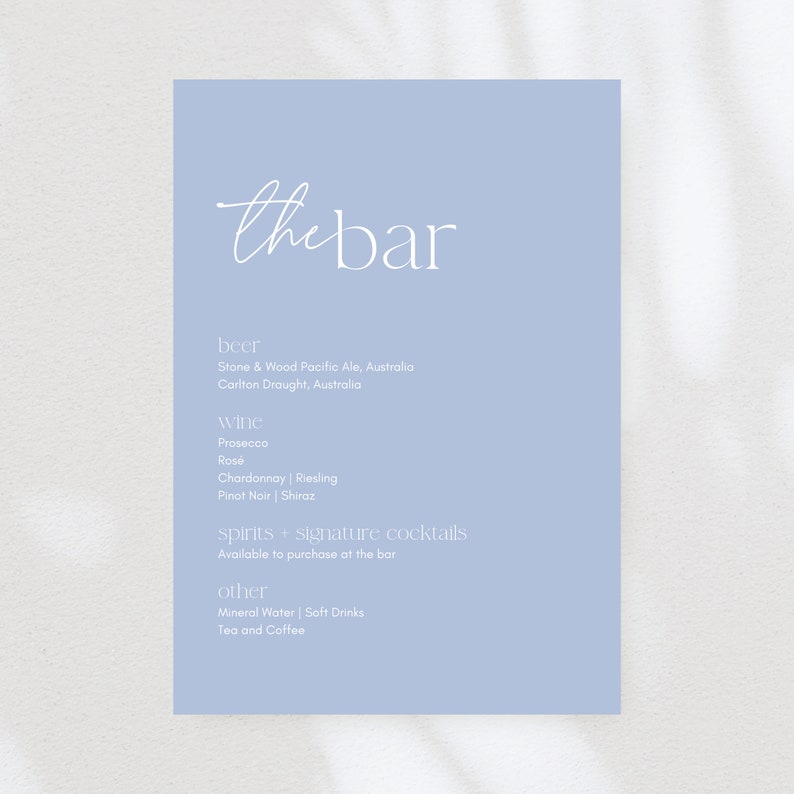 Dusky Blue Bar Sign Template | Wedding Beverage Menu | Wedding Bar Sign ...