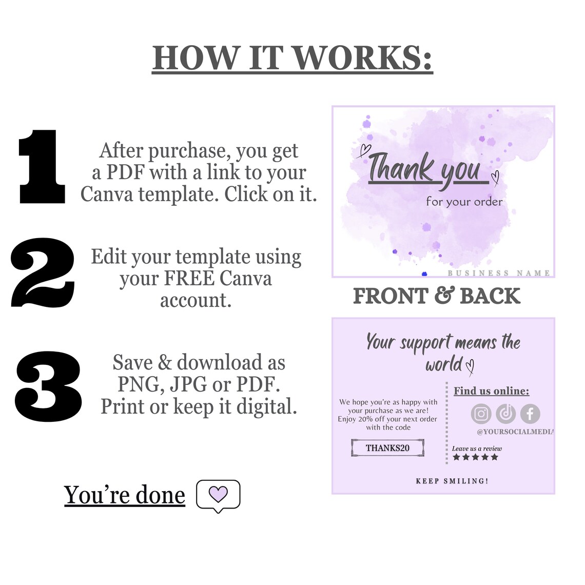 Professional Business Thank You Card, Printable Package Insert, Small ...