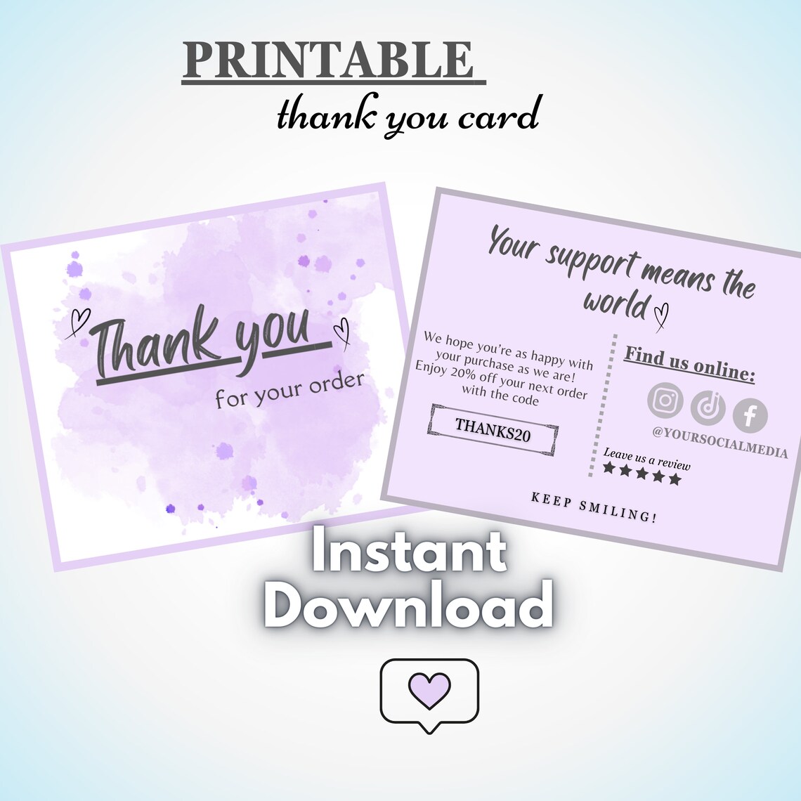 Professional Business Thank You Card, Printable Package Insert, Small ...