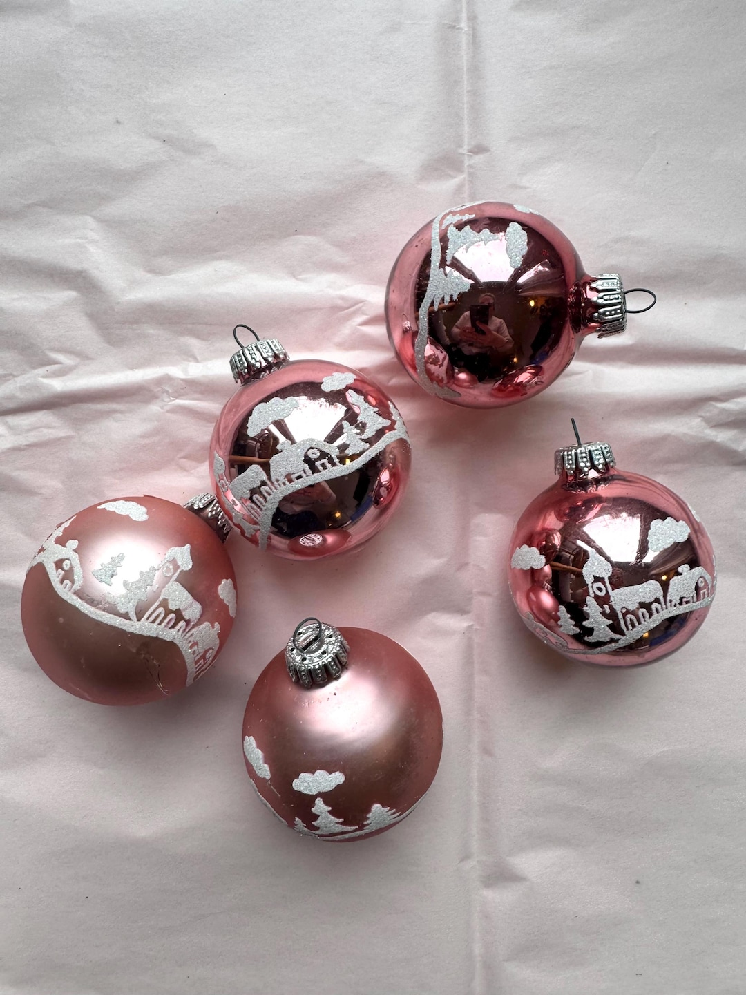 Vintage Pink Glass Christmas Baubles – Set of 5 – Winter Village Scene ...
