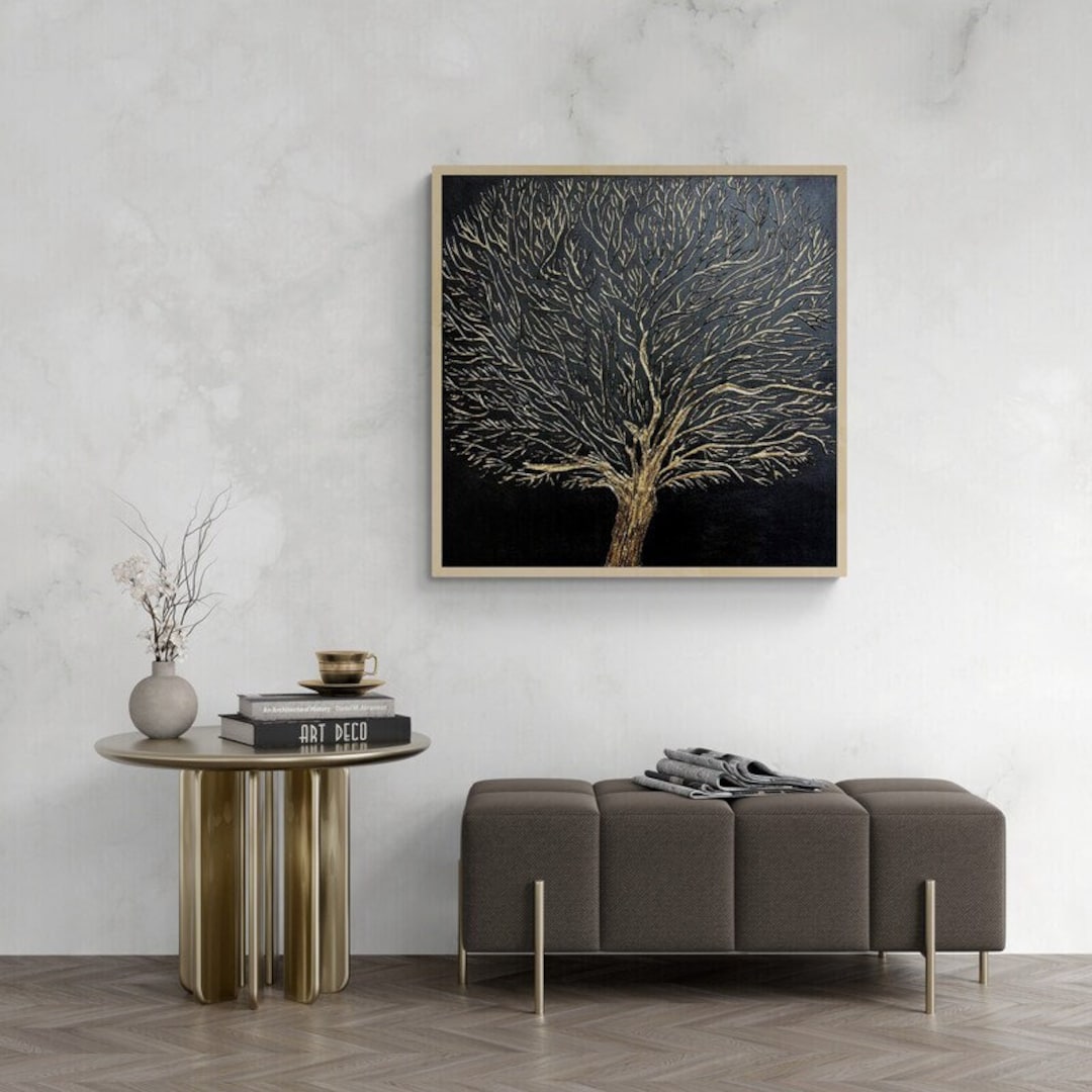Large Abstract Black Tree Life Painting on Canvas Textured Gray Wall ...