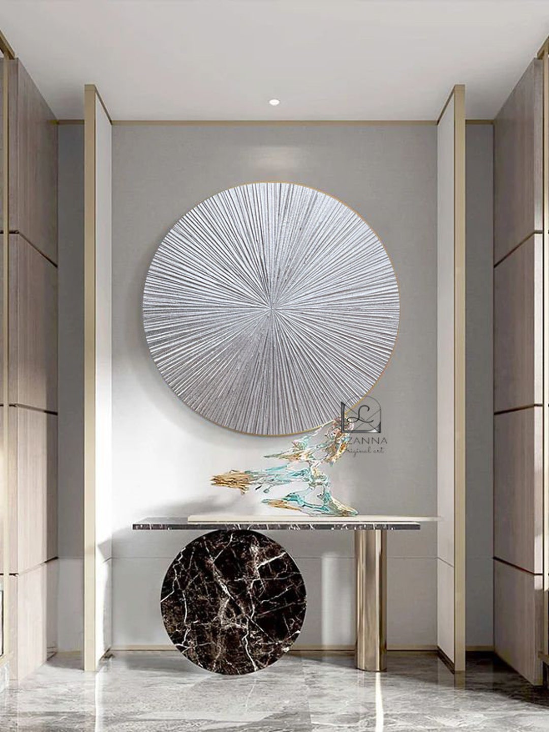 Oversized Round Silver Wall Decor Large Golden Silver Textured Oil ...