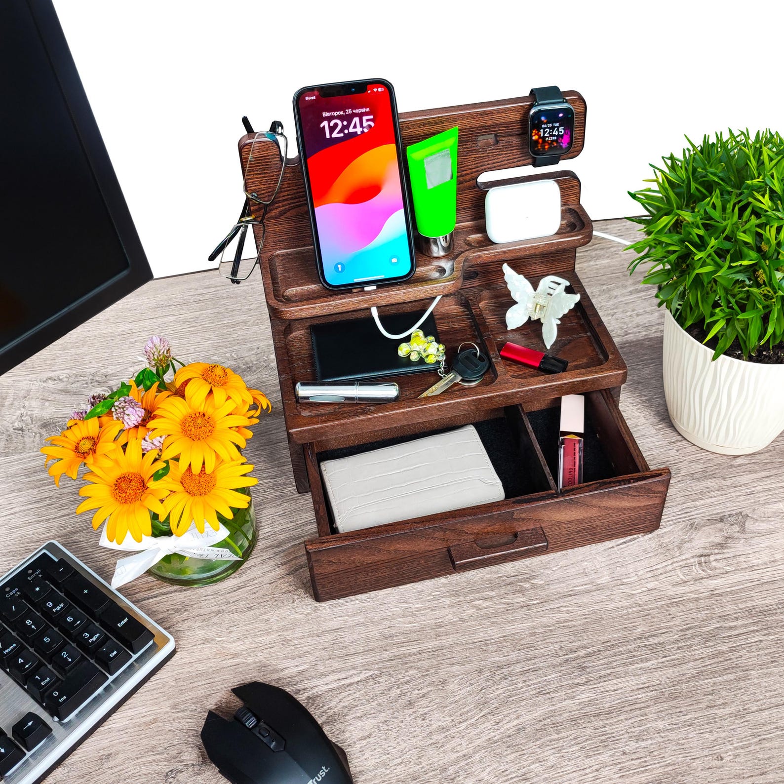Wooden Organizer for Men, Personalized Docking Station, Desk and ...