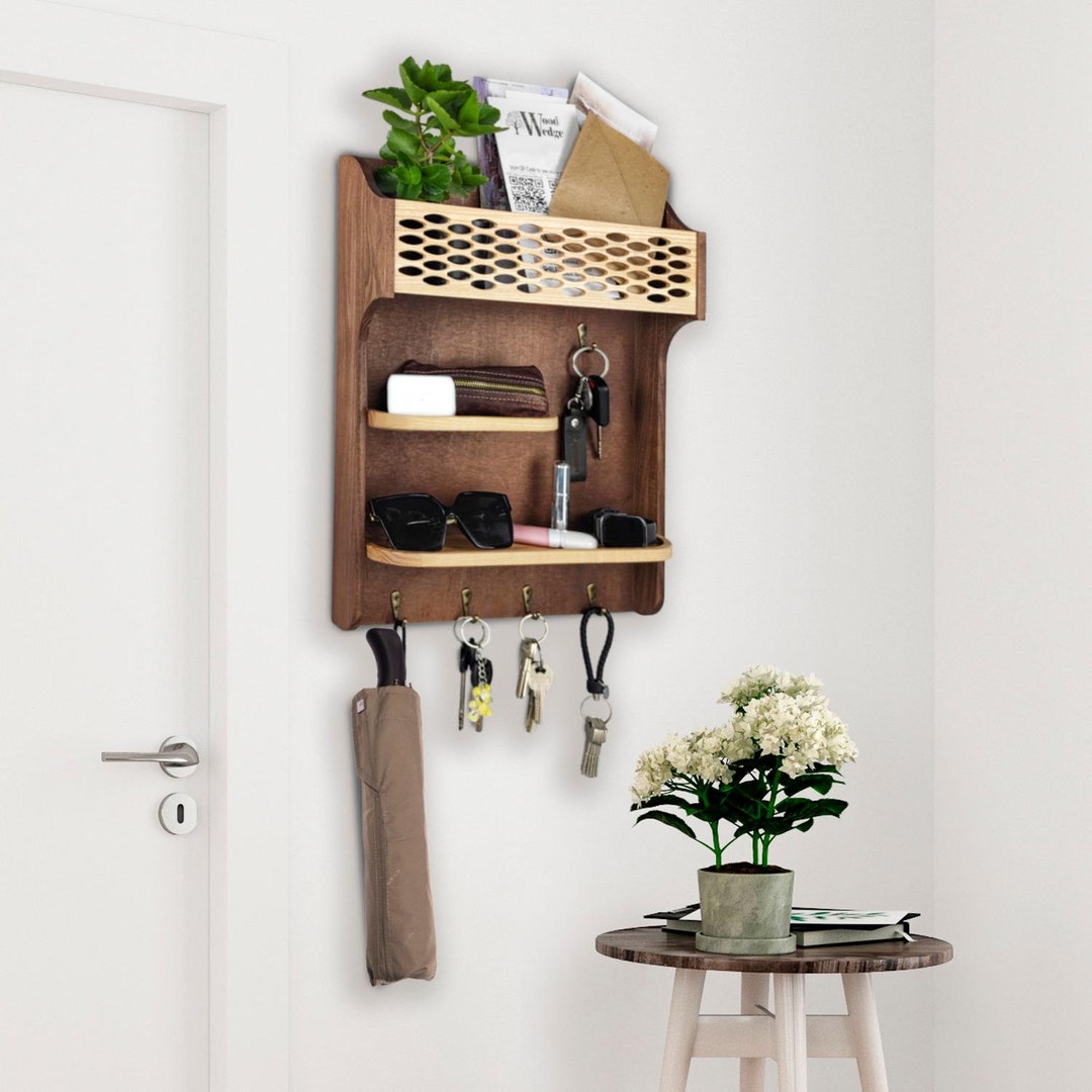 Key Rack and Mail Organizer for Wall With Shelf and Hooks, Modern ...