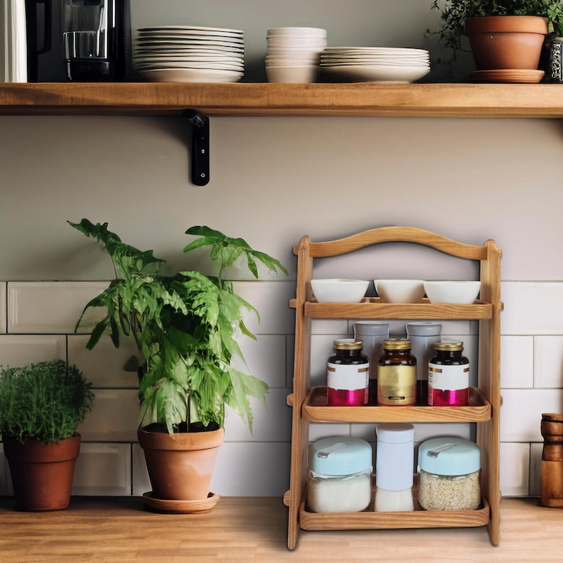 Rustic 3-tier Wooden Display Stand – 40cm Shelf for Kitchen, Vanity or ...