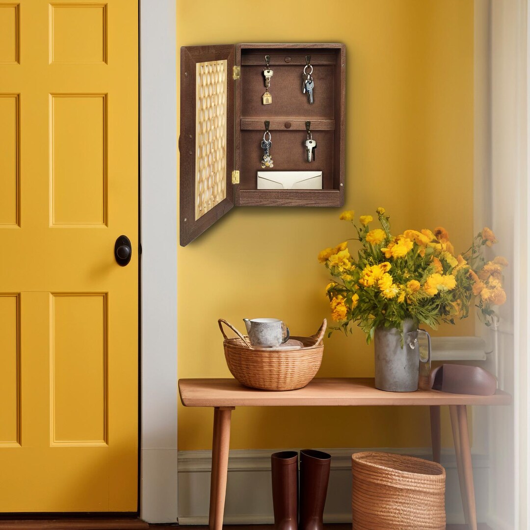 Handmade Wooden Key Box With Hollow Design, Key Cabinet With 4 Hooks ...