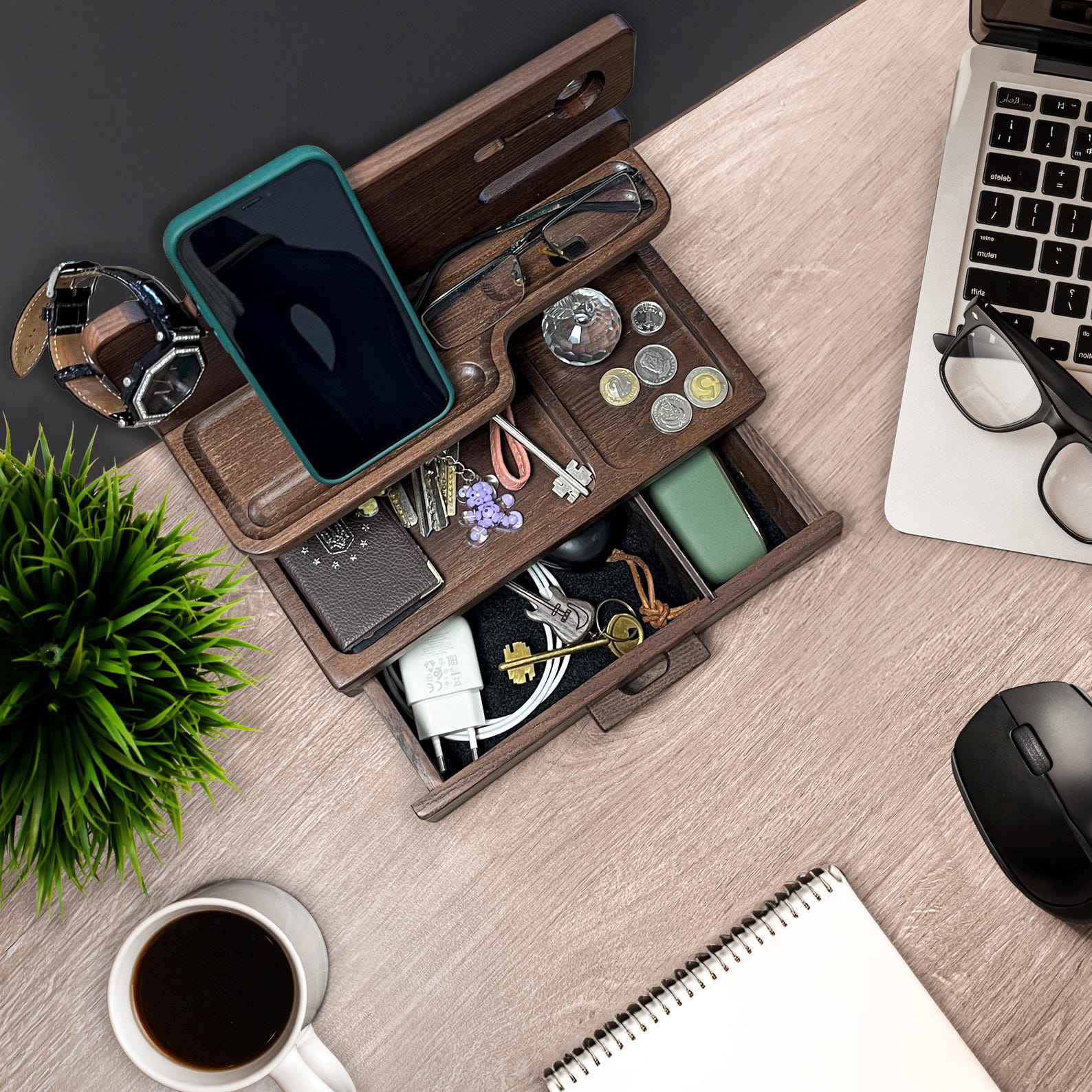 Wooden Organizer for Men, Personalized Docking Station, Desk and ...