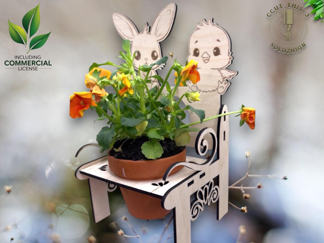 Laser Cut File Easter Bench Bunny Chick With Flower Pot Holder Clay Pot ...