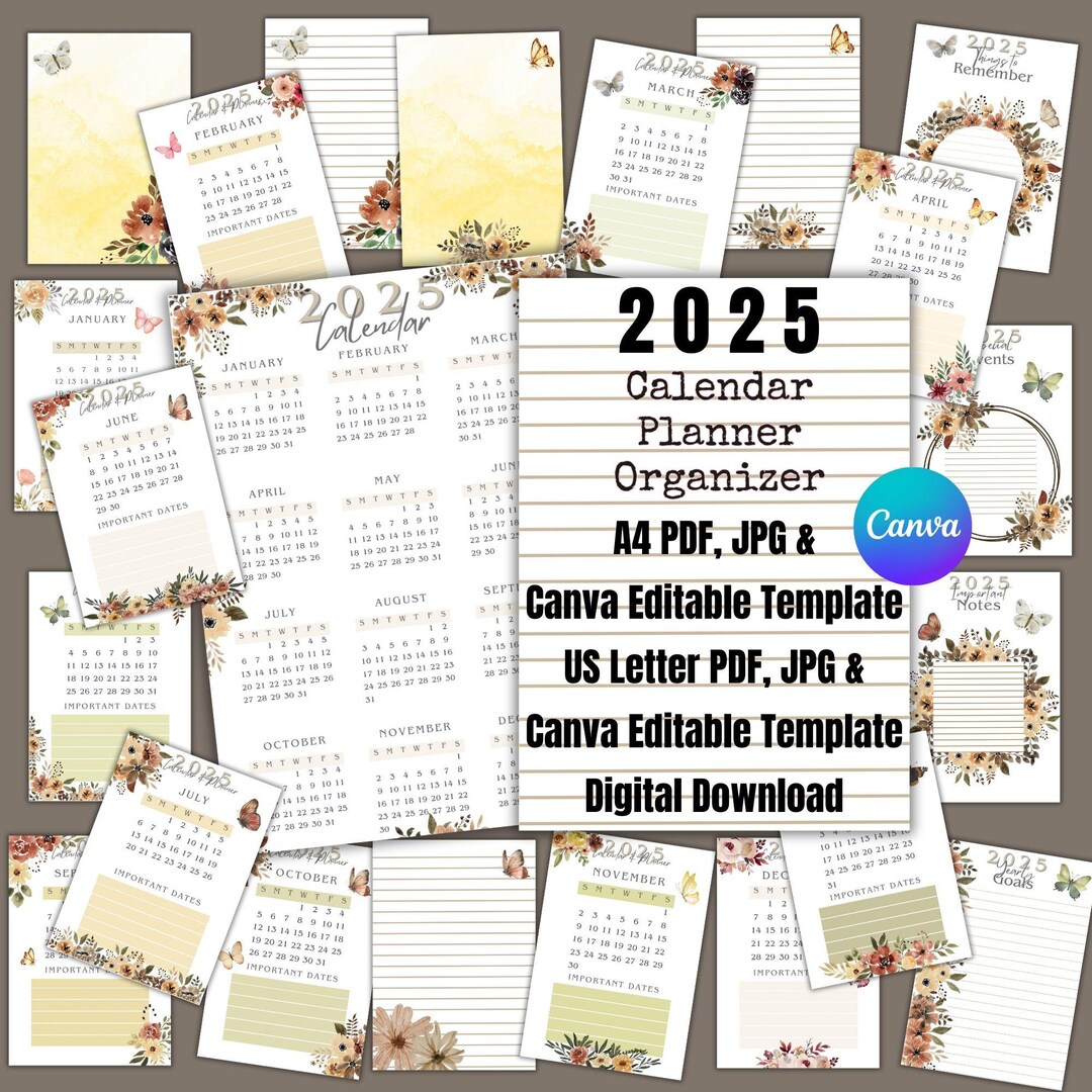 2025 Yearly Monthly Calendar Planner Organizer Digital Download ...