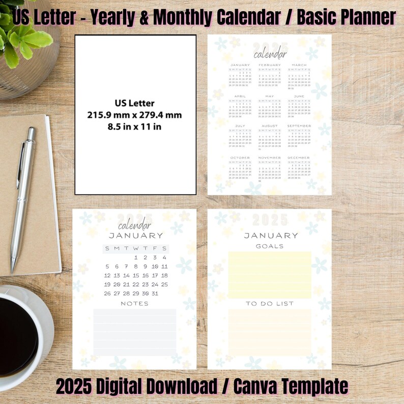 2025 Yearly and Monthly Calendar Basic Planner Digital Download ...
