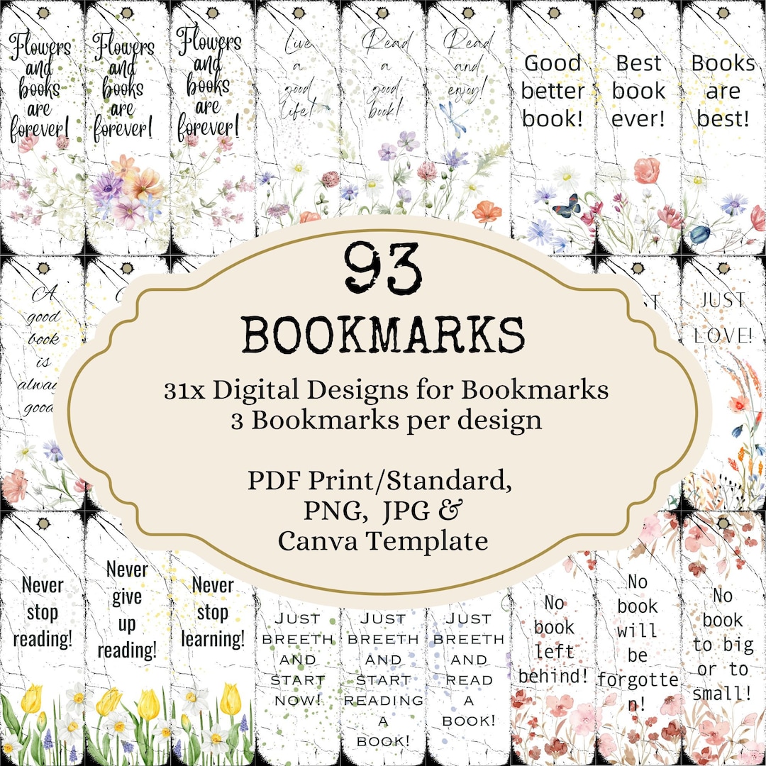 Editable in Canva Bookmark Templates 93 Floral Designs Vintage Grungy ...