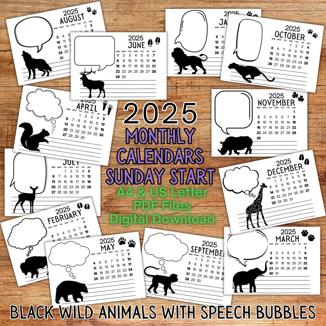 Black Wild Animals Bubble & Lines 2025 Monthly Calendars Bundle 12 ...